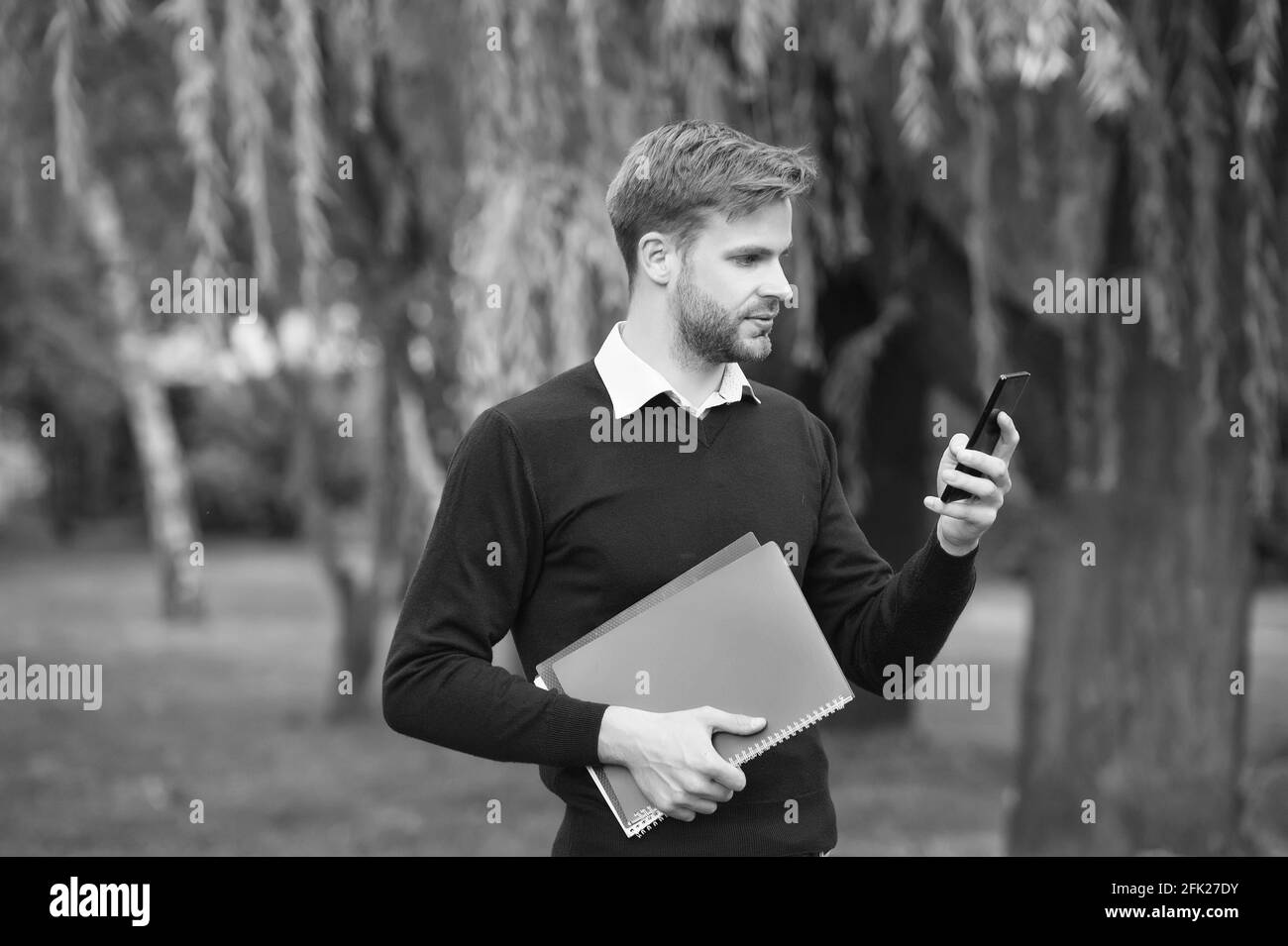 business communication. get useful information from smartphone. man ...