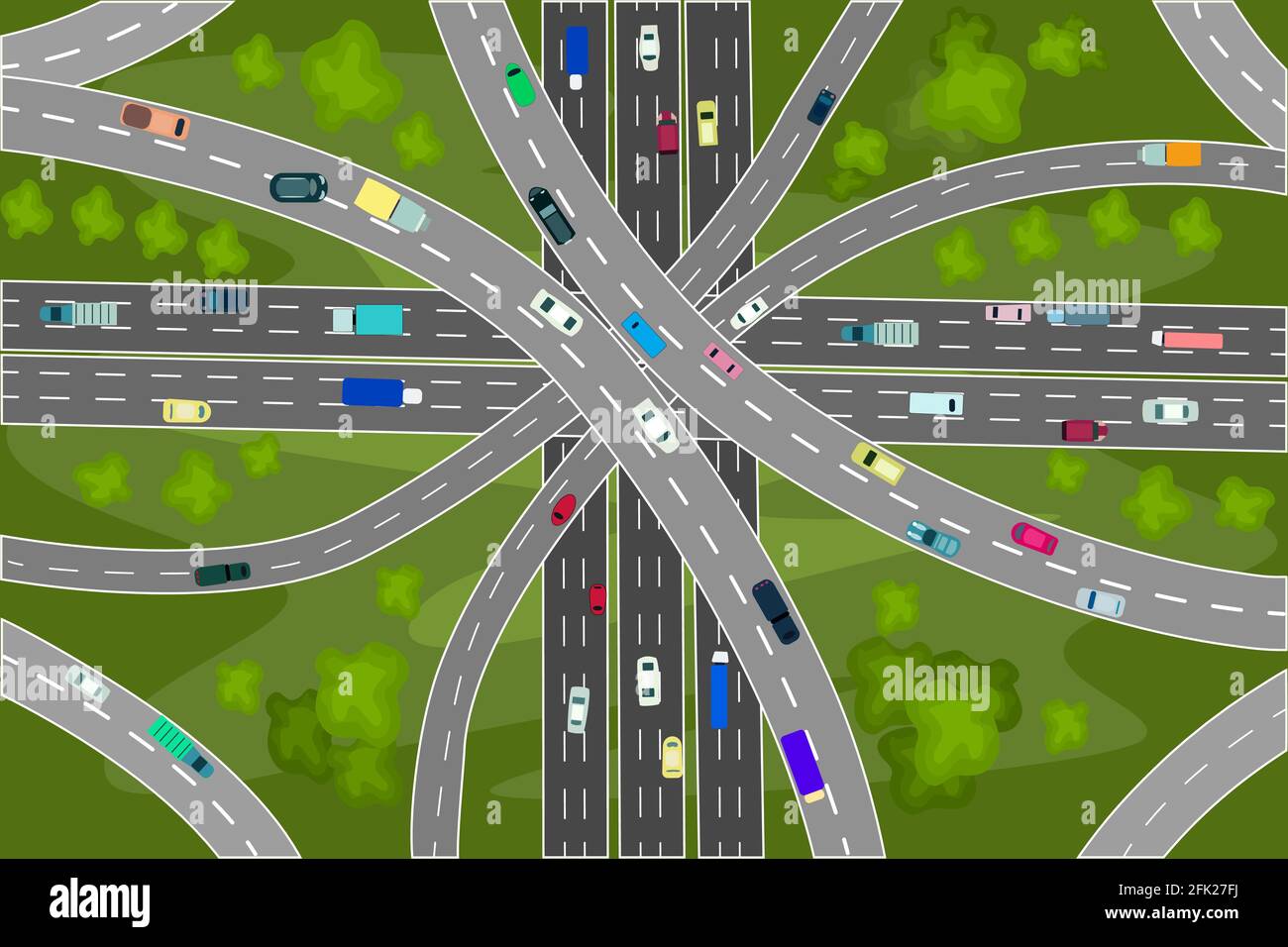 Road junction and bridges with many cars top view. Modern highway and ...