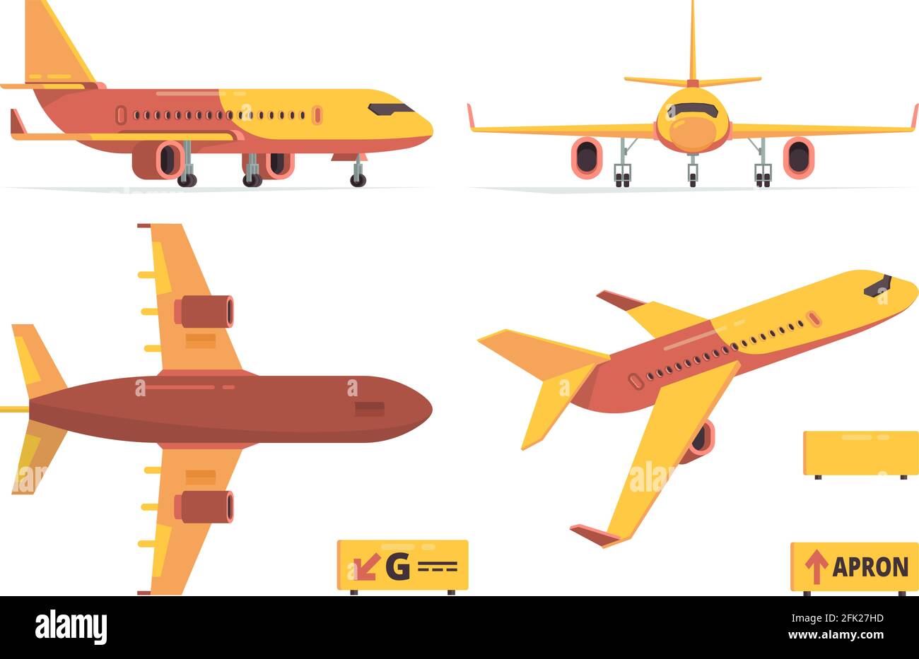 Aircraft flat. Civil aviation planes different views fly symbols vector ...