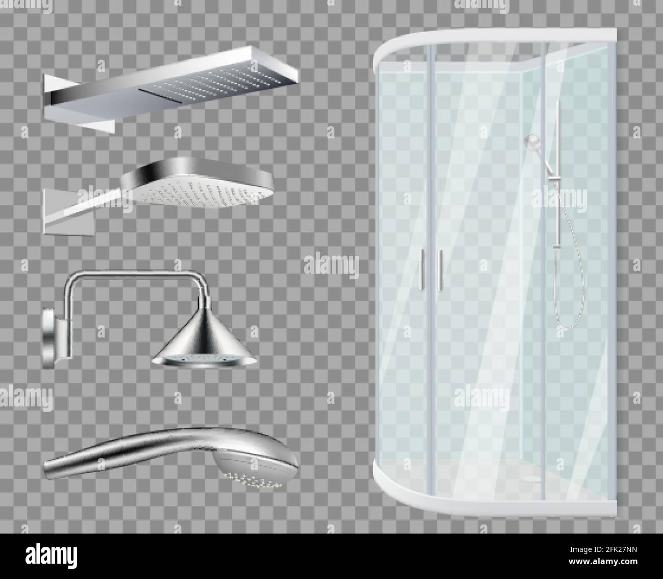 Shower stall. Shower Heads, realistic bathroom elements isolated on ...