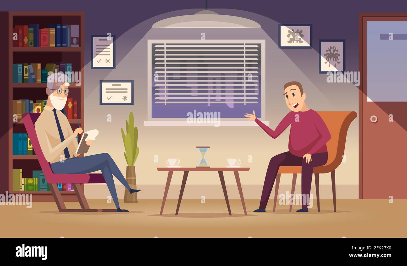 Psychotherapy. Patient on sofa professional psychotherapy dialogue session in clinic interior ...