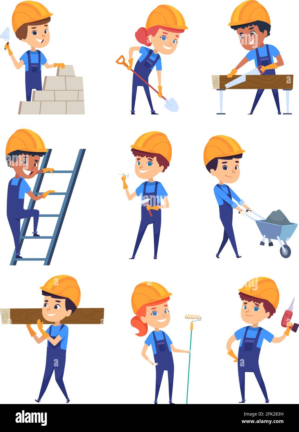 Children builders. Little working characters in yellow helmet for ...