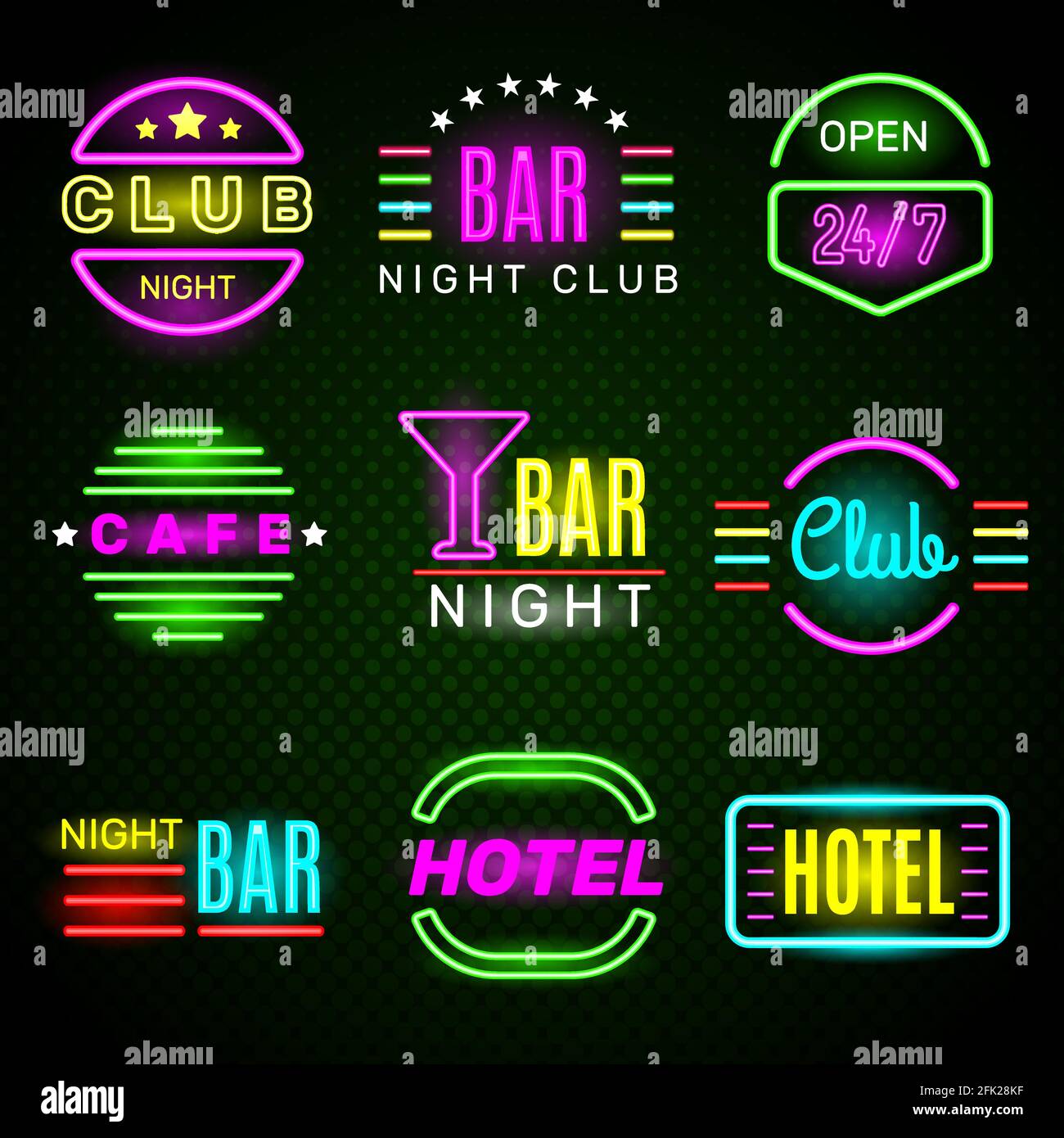 Hotel neon. Advertising american retro night club emblem signage glow ...