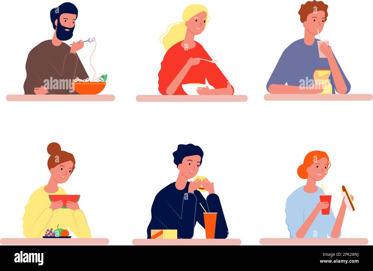 People eating. Hungry characters with different food vector person ...