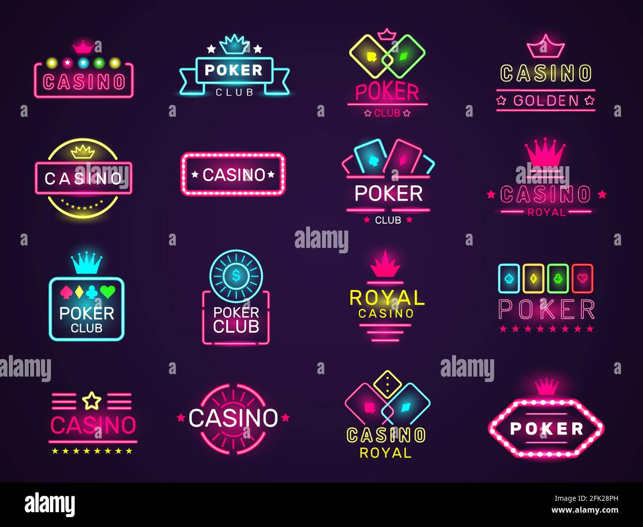 Casino neon badges. Poker club game logo colored lighting vegas style ...