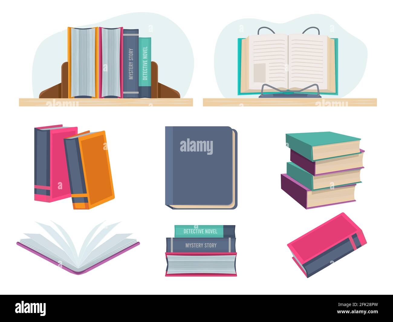 Books. Closed opened library old books pages of magazine vector cartoon ...