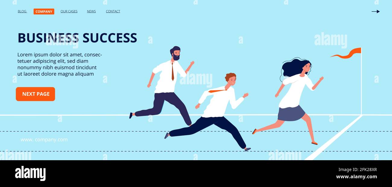 Business success landing page. Office workers run to finish line. Group ...