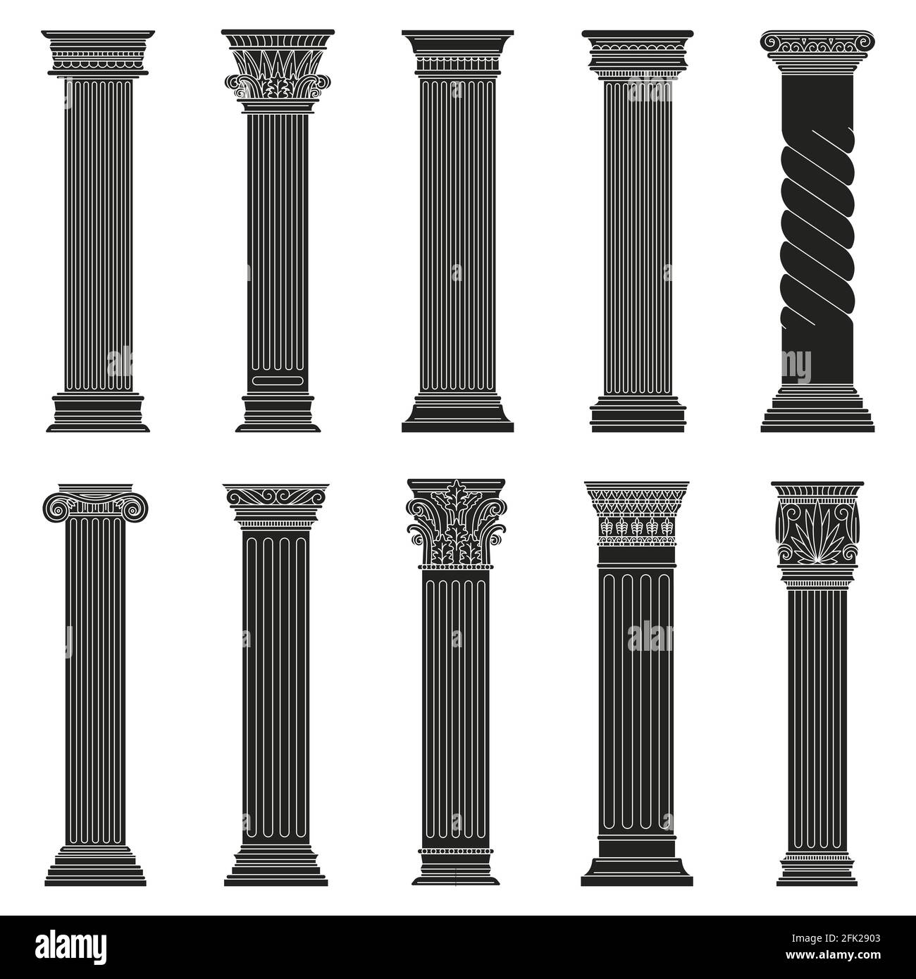 Greek ancient columns. Classic roman and greek architectural stone pillars isolated vector ...