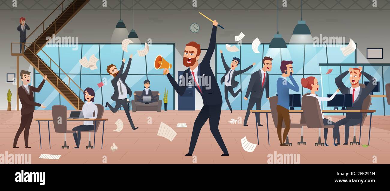Angry boss. Businessman screaming in office chaos deadline stress ...