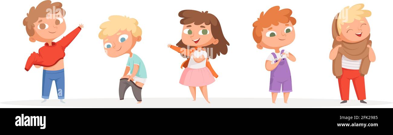 Kids changing clothes. Children dressing pants and shoes parents ...