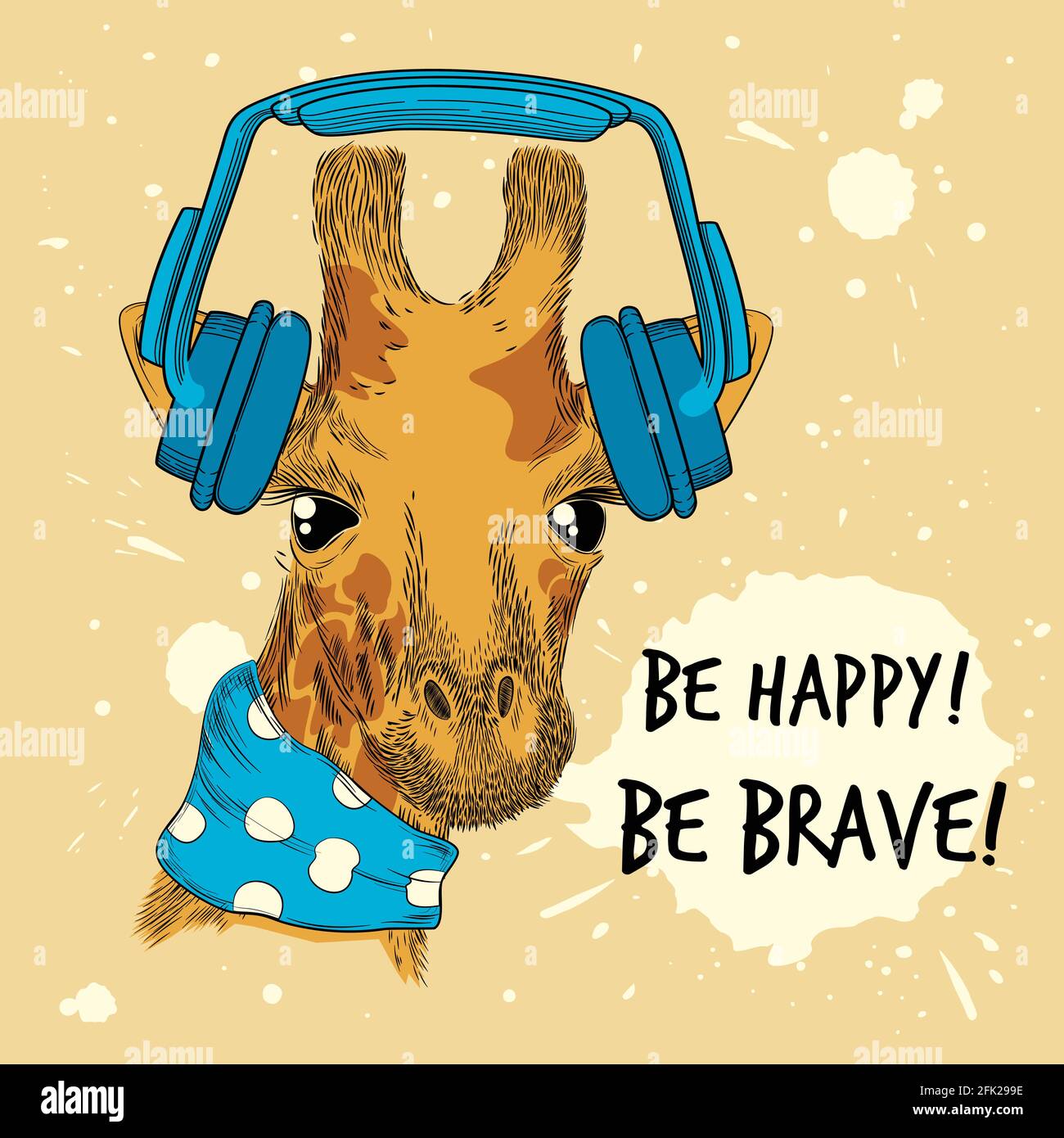 Animal in headset. Pop fashion style placard funny hand drawn pet music ...