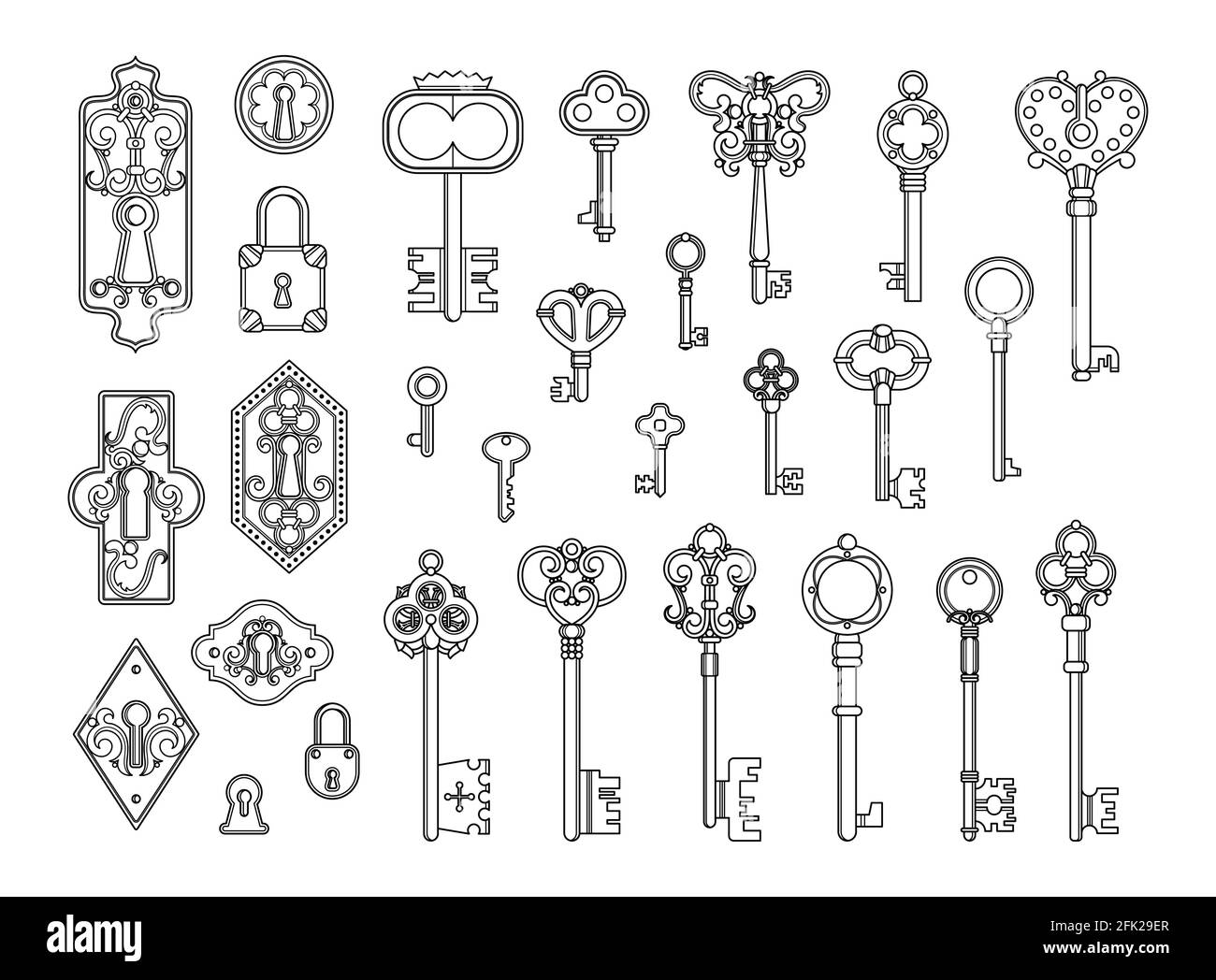Vintage locks and keys. Sketch keyhole, victorian style padlock ...
