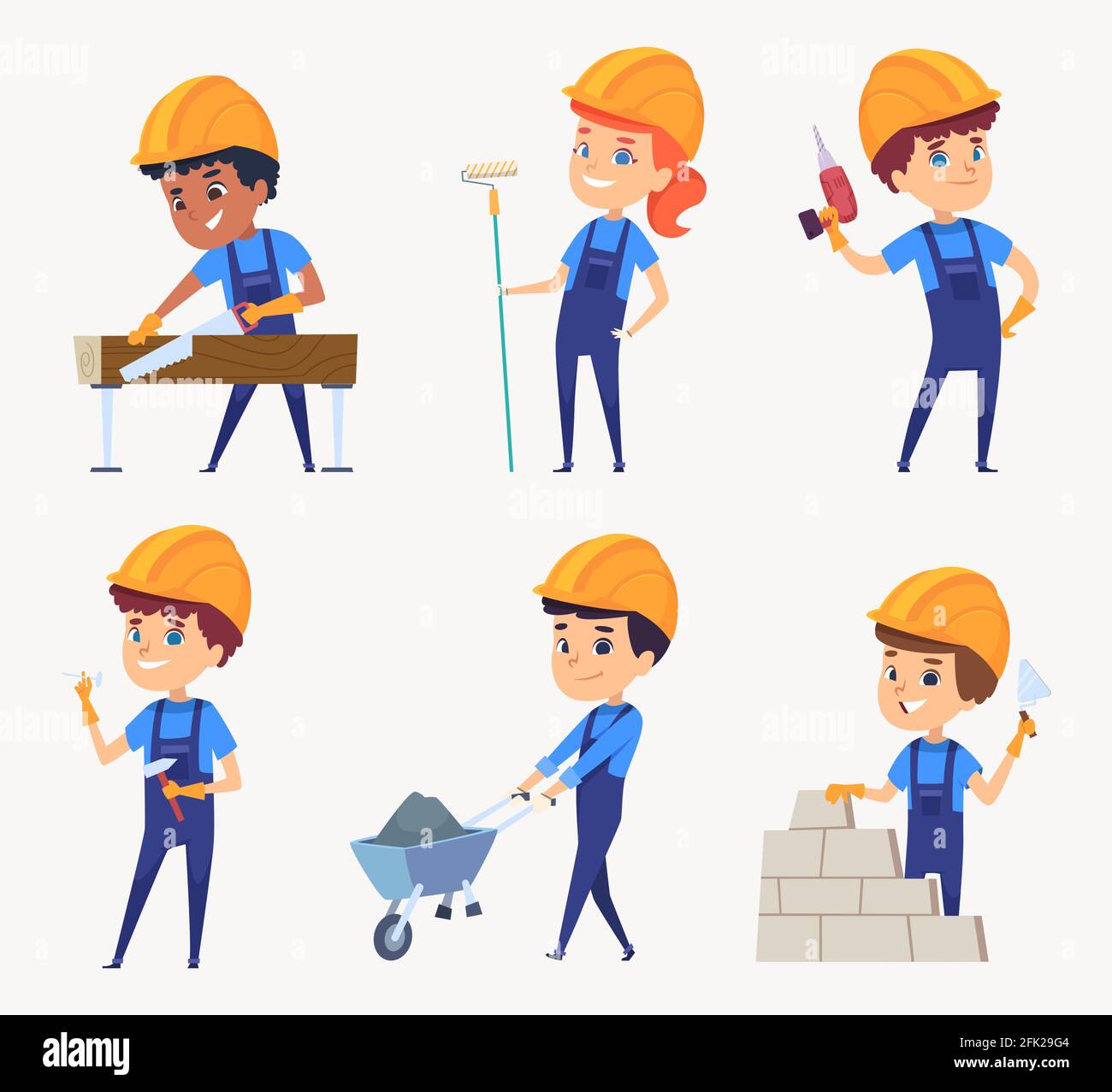 Kids builders. Childrens job in helmet little constructors vector ...