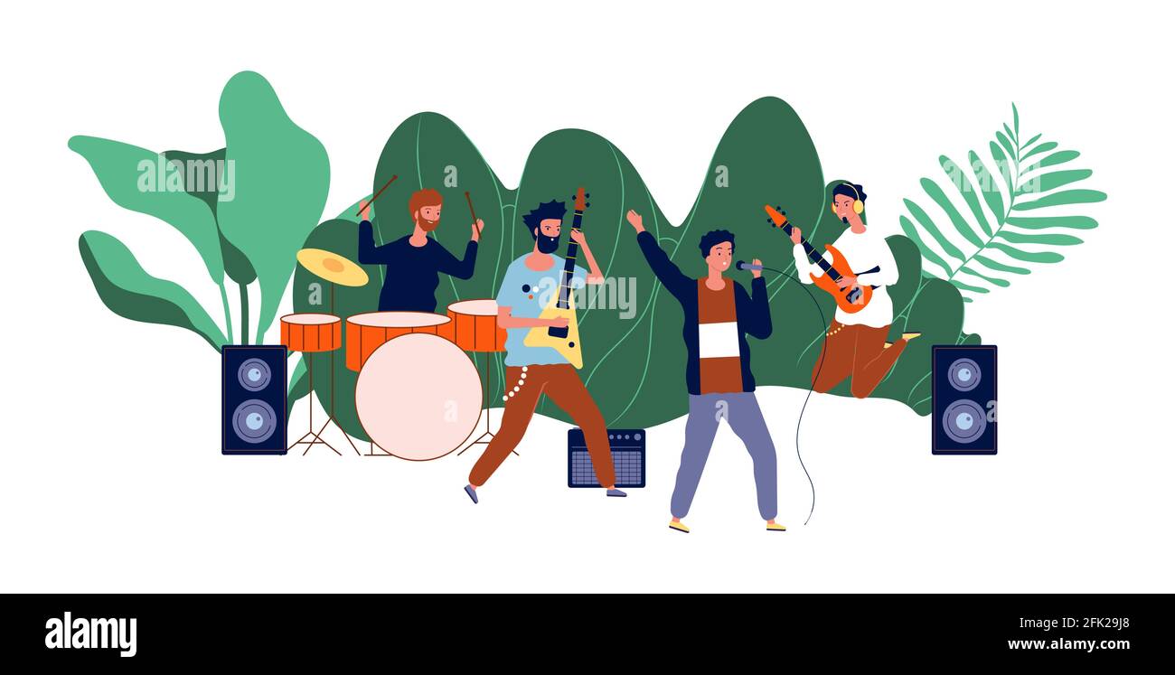 Male team concert. Boys band, men musicians or pop group. Open air rock ...