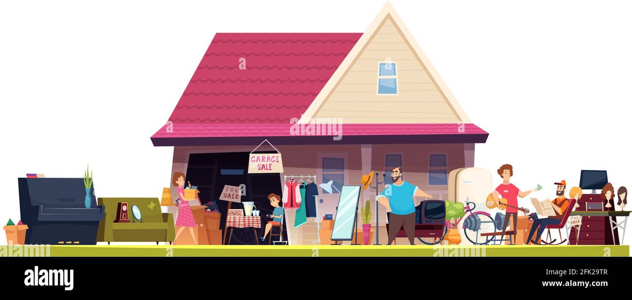 Flea market. Shopping marketplace vintage toys books furniture vector ...