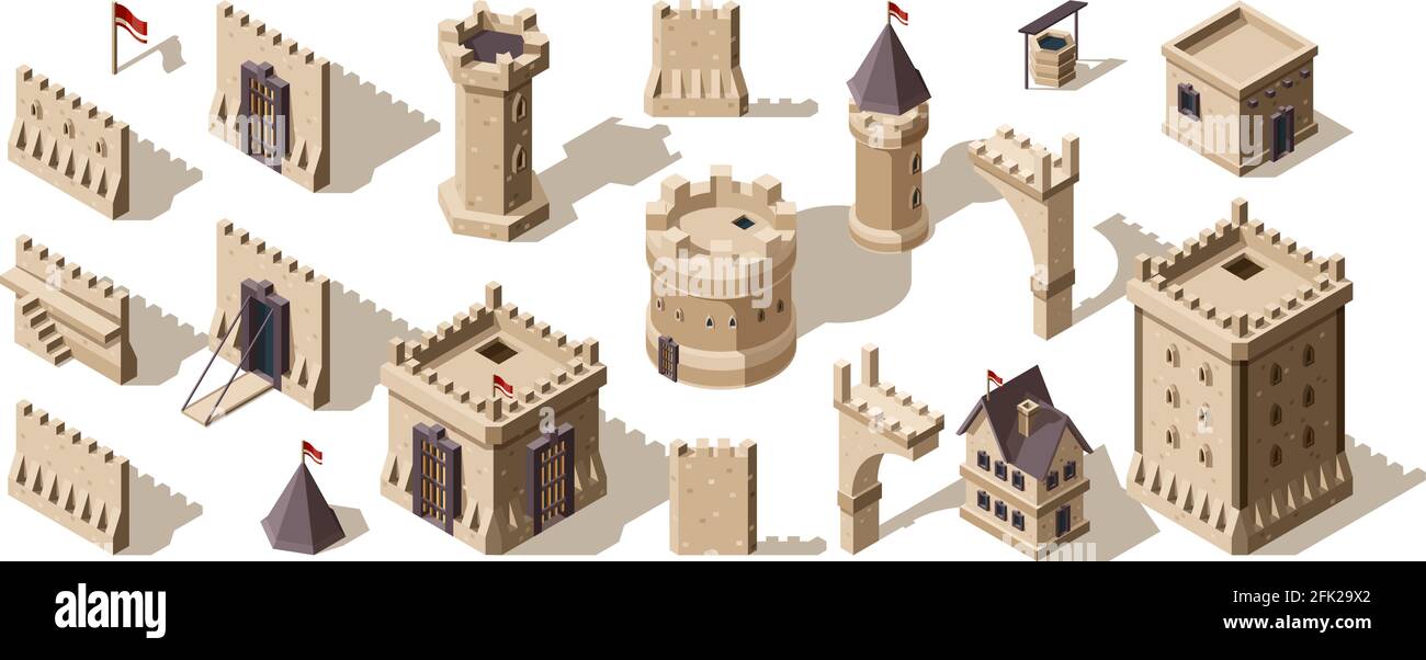 Castles isometric. Medieval buildings brick wall for low poly game ...