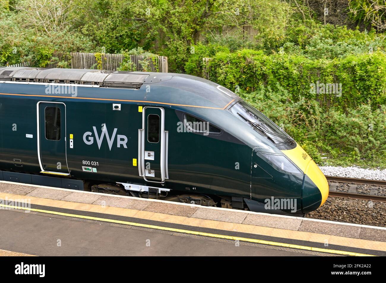 Bridgend, Wales - April 2021: Front of a Class 800 diesel electric high ...