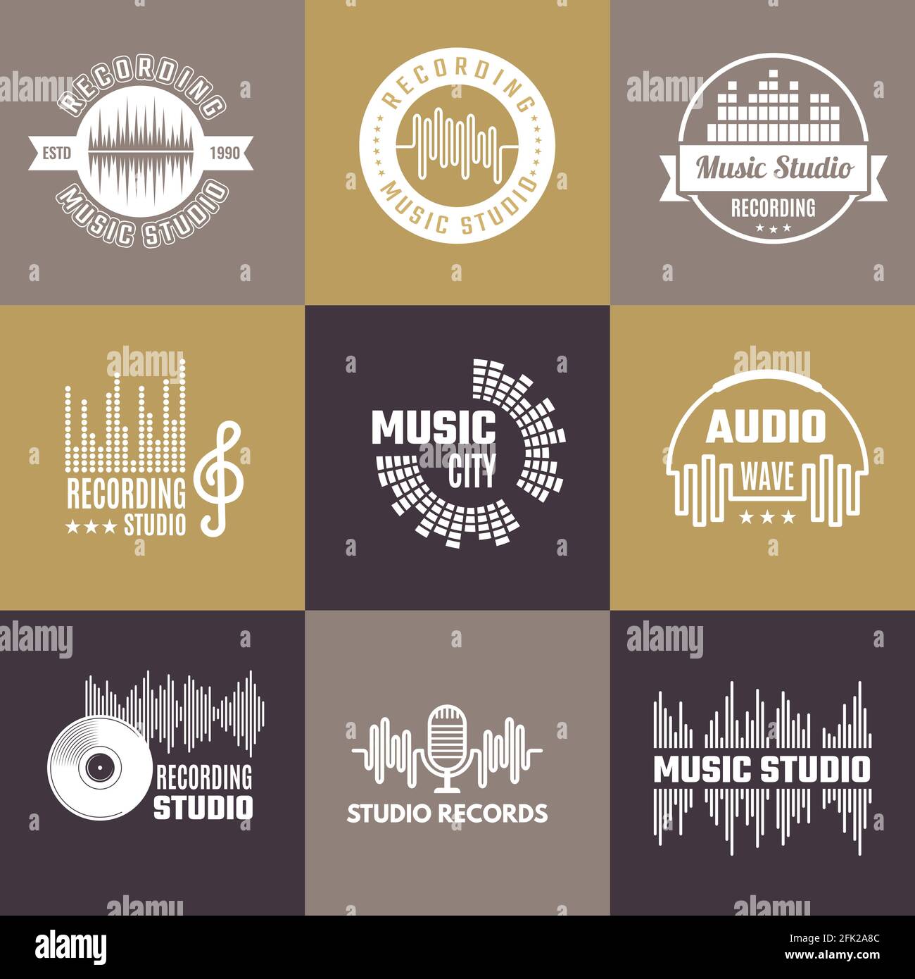 Musical logo. Audio studio badges sound waves shapes vector template ...