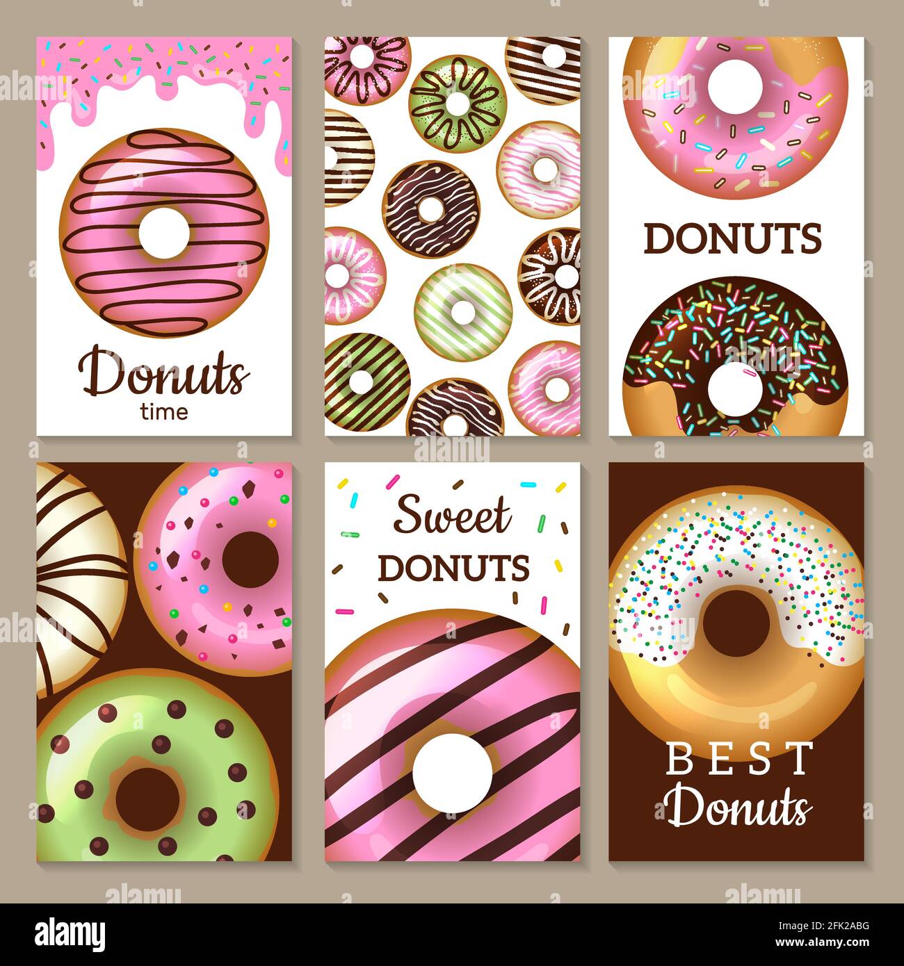 Donuts cards design. Sweets colored backgrounds with glazed round cakes ...