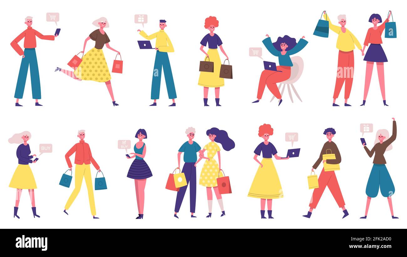 Diverse shopping people. Online shopping male and female characters ...