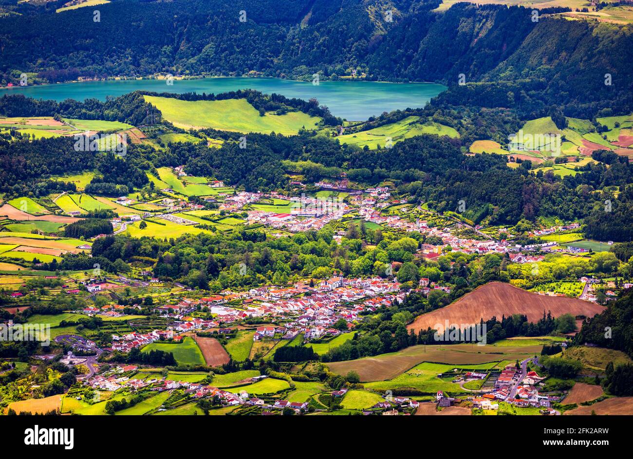 View of Furnas Village in São Miguel Island, Azores, Portugal. View of ...