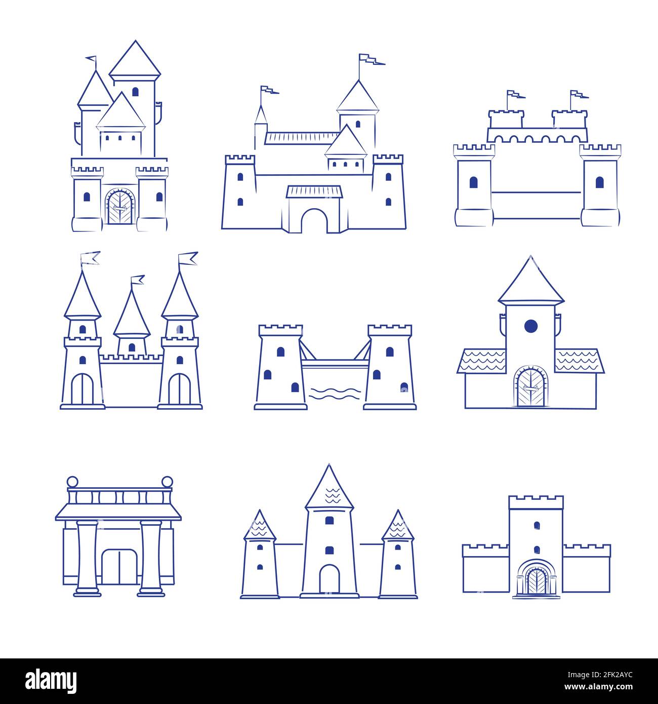 Castles. Medieval old buildings ancient old tower architecture vector line drawn pictures ...