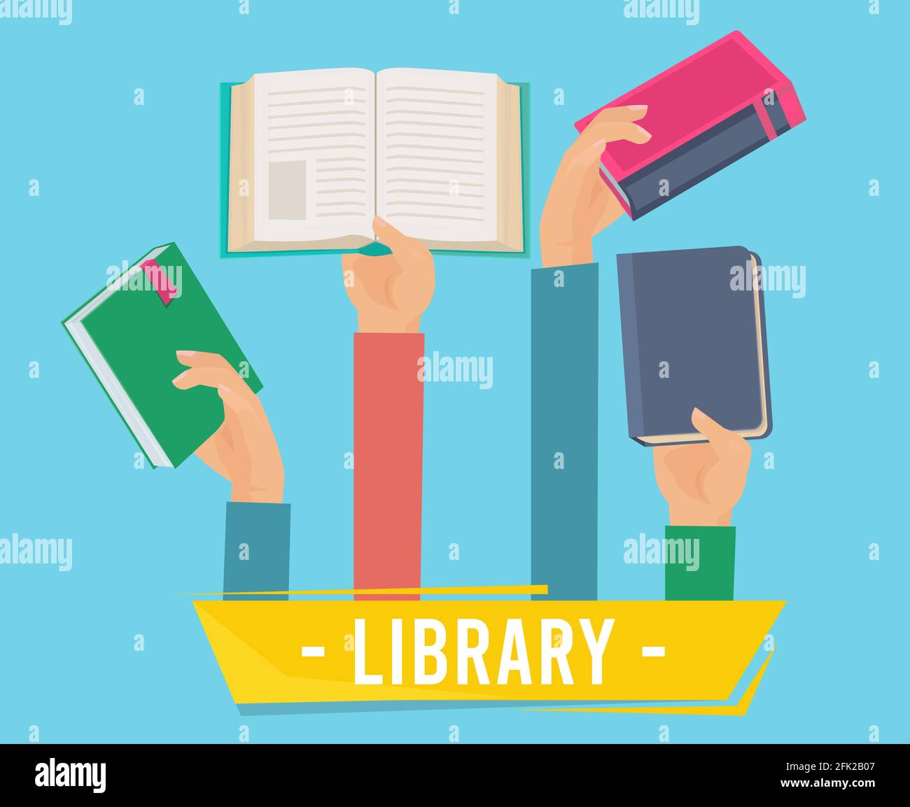 Hands with books. Library persons holding opening books vector concept ...