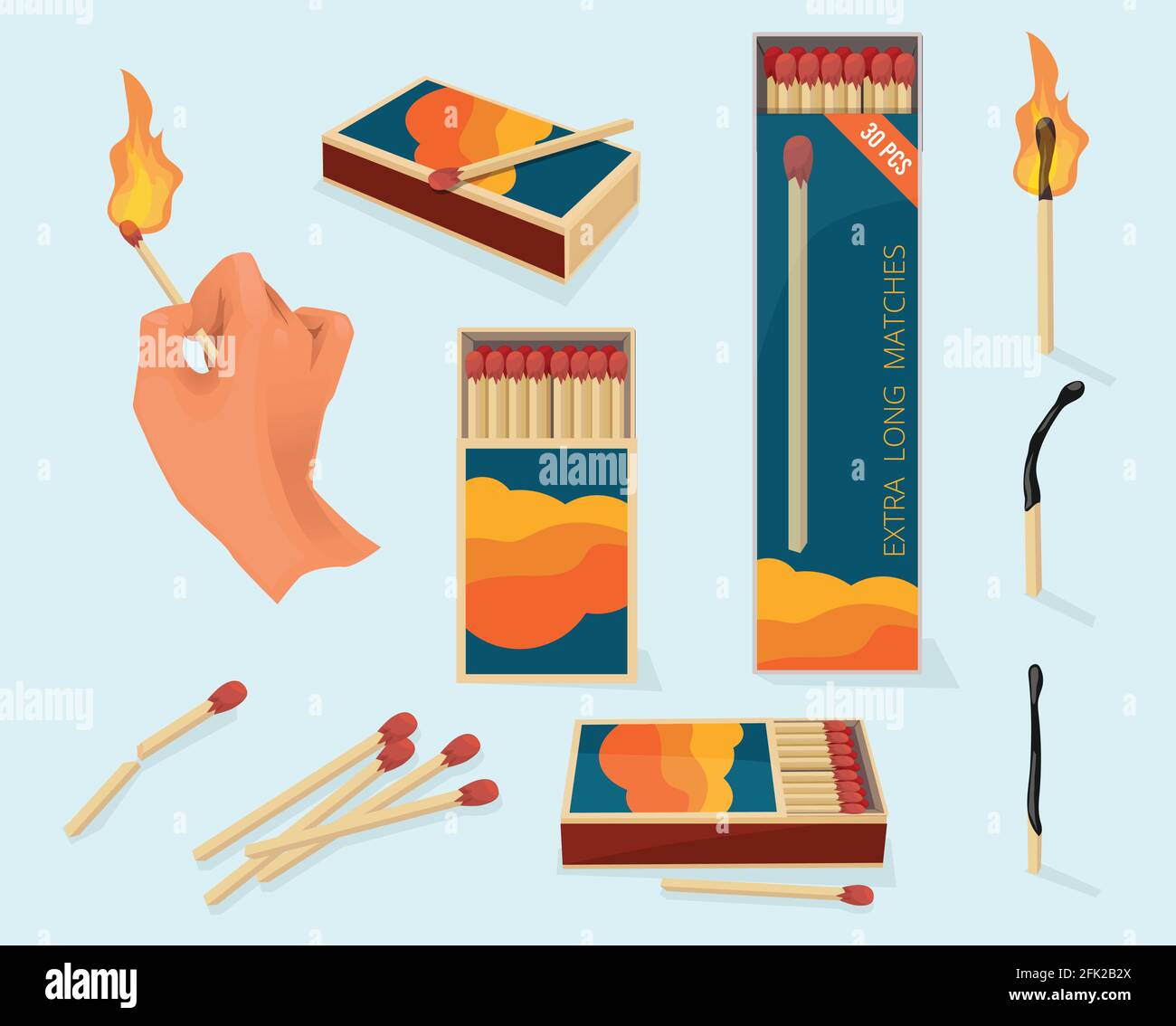 Burning matches. Safety packages for matchstick wooden stick flame ...