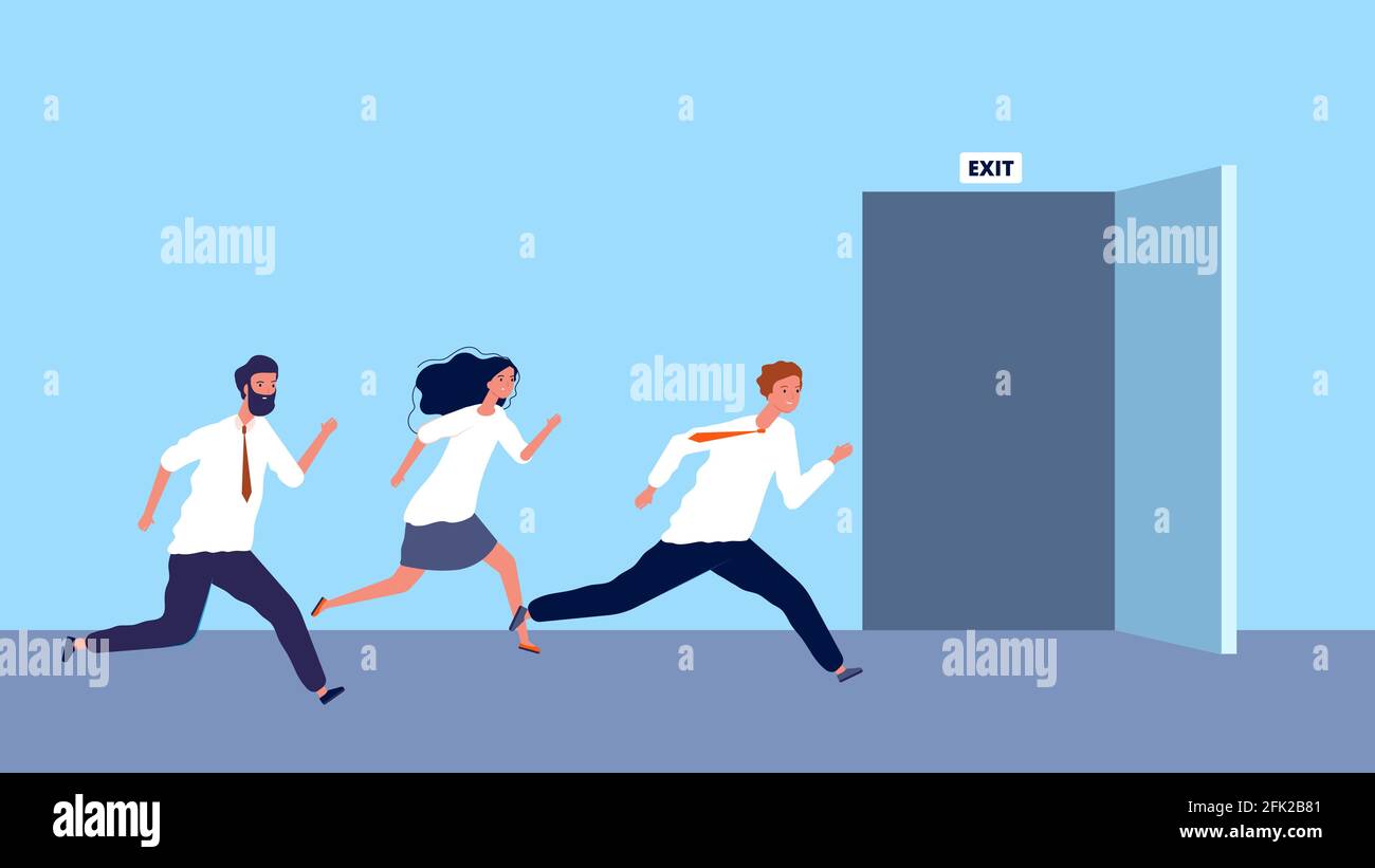 Happy business people run to exit. Weekend started, work day ended ...