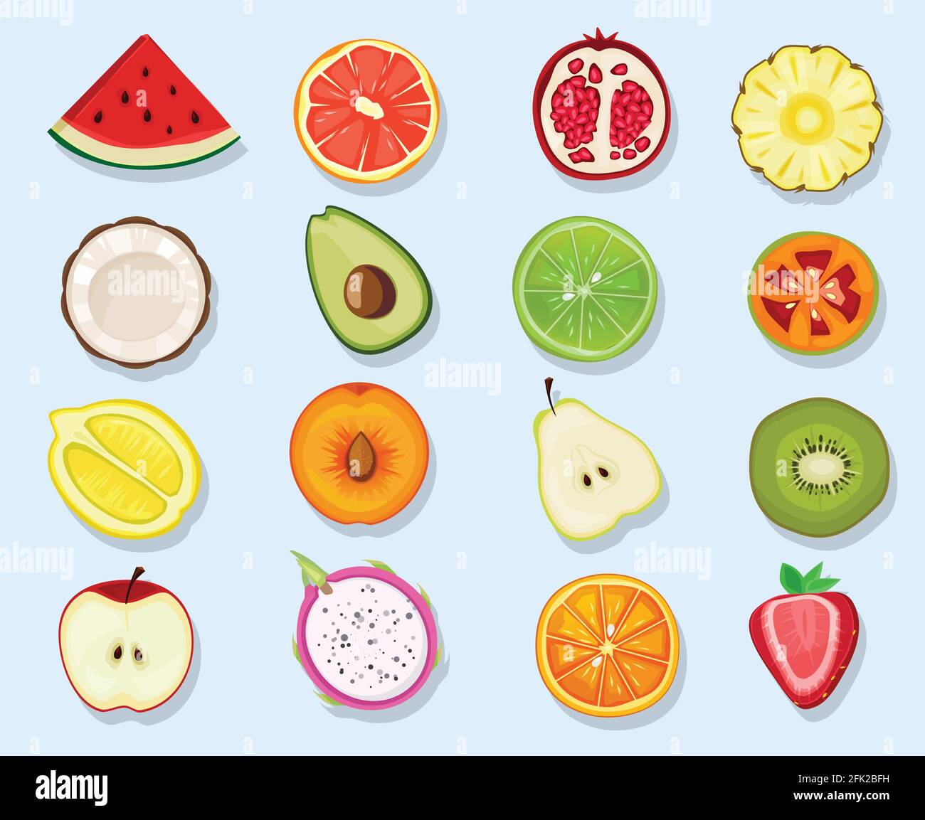 Half fruits circle icons. Cute cartoon healthy vegan natural products ...