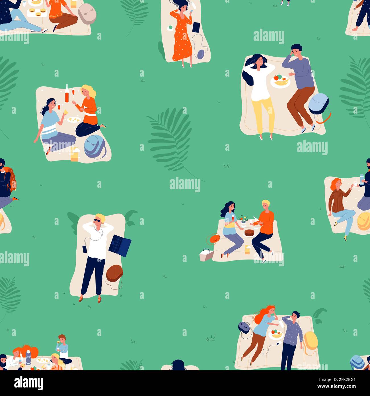 Summer outdoor recreation background. Picnic, couples and family relax ...