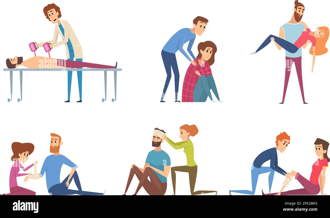 First aid. Emergency medical helping to damaged people injury victims vector characters Stock ...