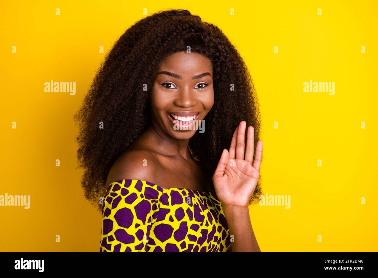 Profile side view portrait of charming cheerful girl waving you hi ...
