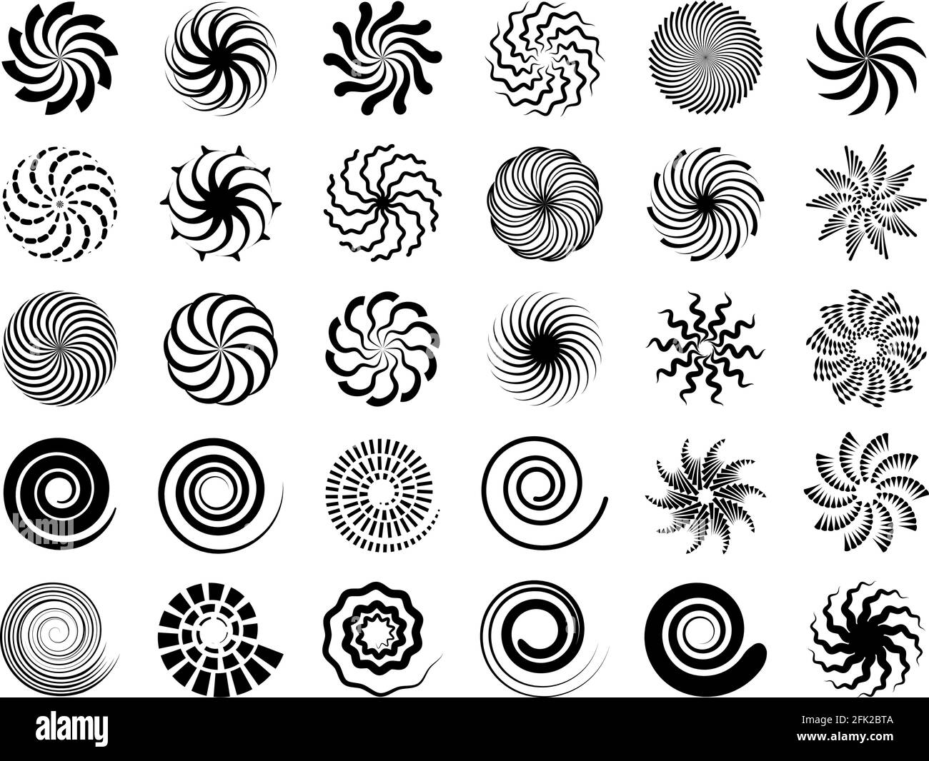 Radial swirles. Hypnotic black shapes round symbols vector collection ...