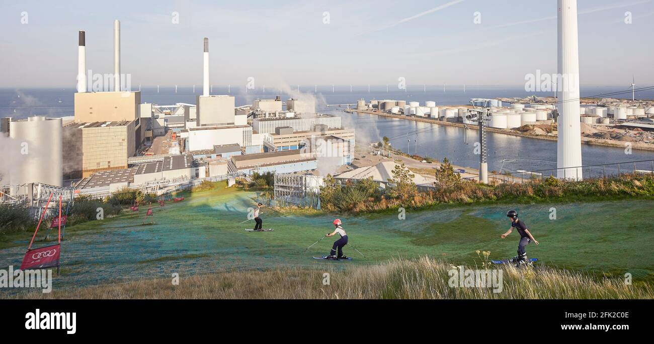 Green skiing slope from above. CoppenHill Power Plant, Copenhagen ...