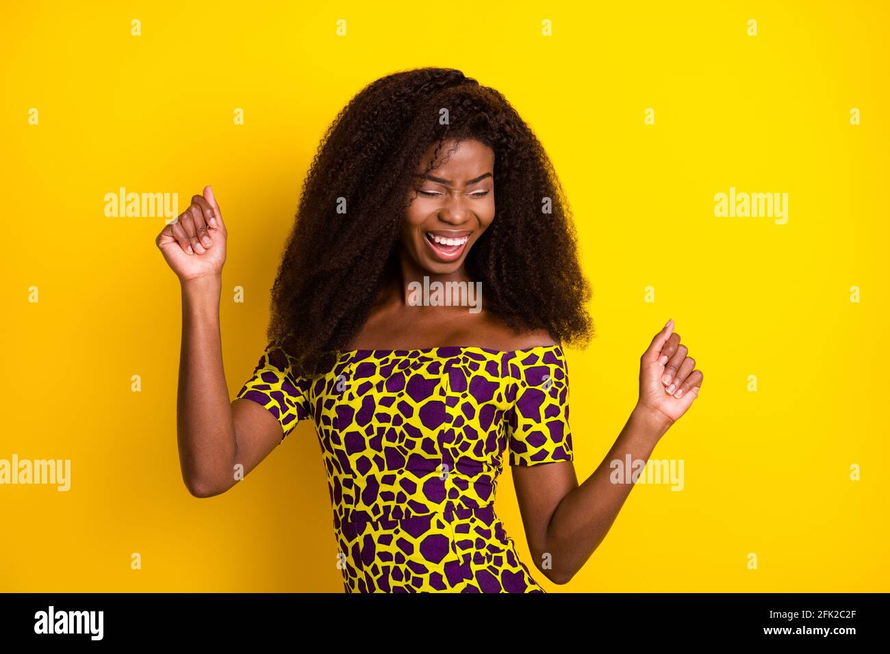Portrait of attractive cheerful dreamy ecstatic girl dancing having fun ...