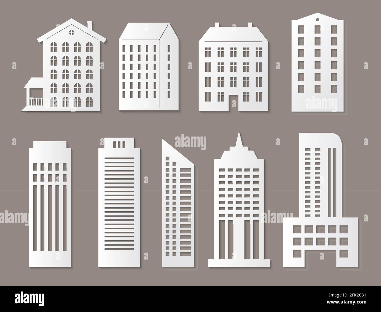 Paper buildings. Origami houses with shadows white urban constructions ...