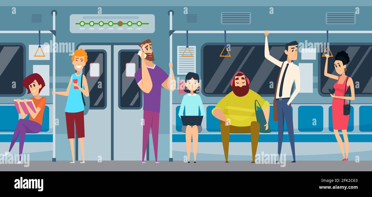 Metro passenger. People in urban subway train reading book watching ...