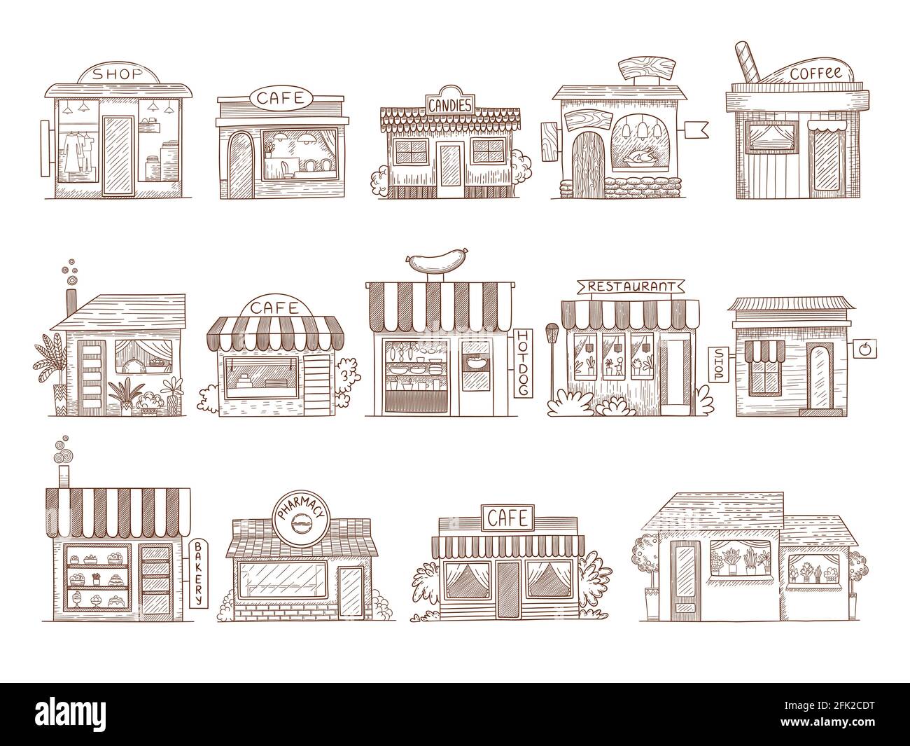 Hand drawn buildings. Pharmacy shop bar and restaurant market vector ...