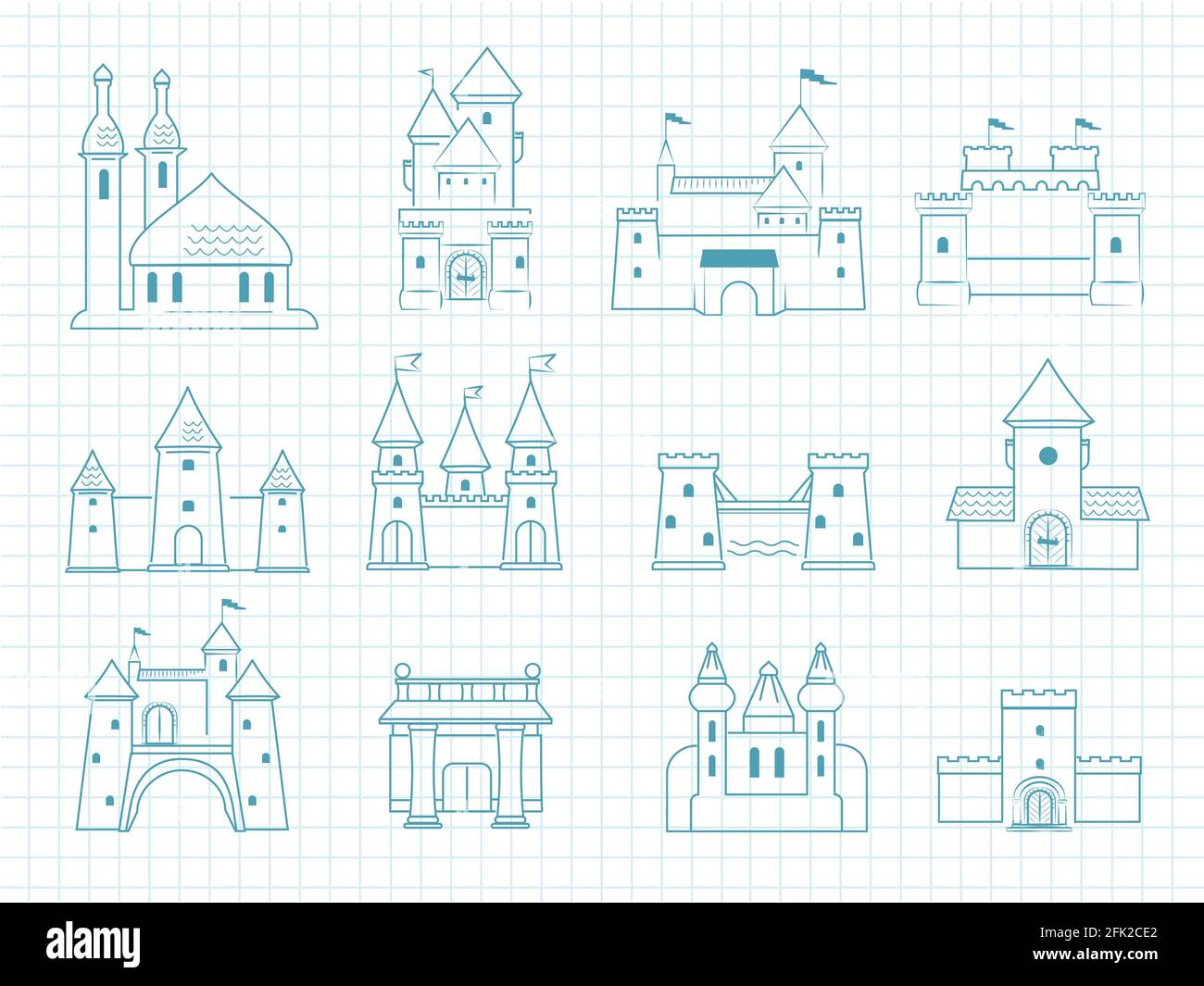 Drawn castles. Gothic medieval royal architectural objects with towers ...