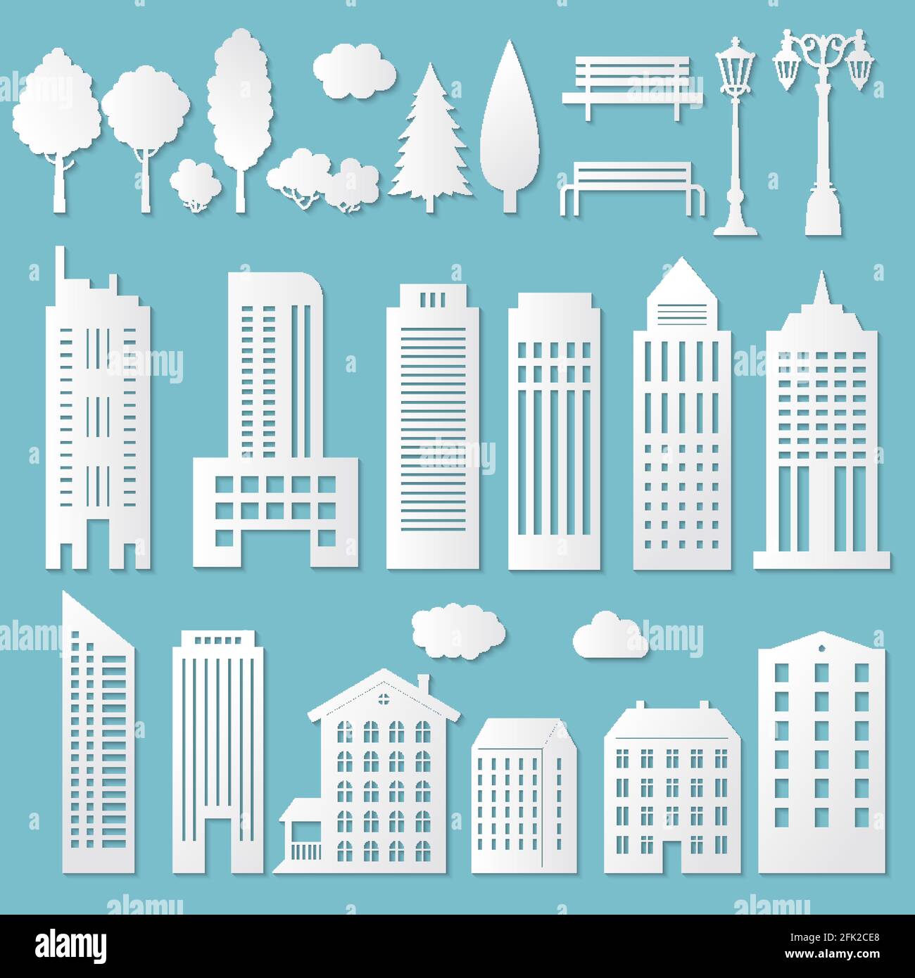 Paper house. White origami cut cardboard buildings with shadows vector ...