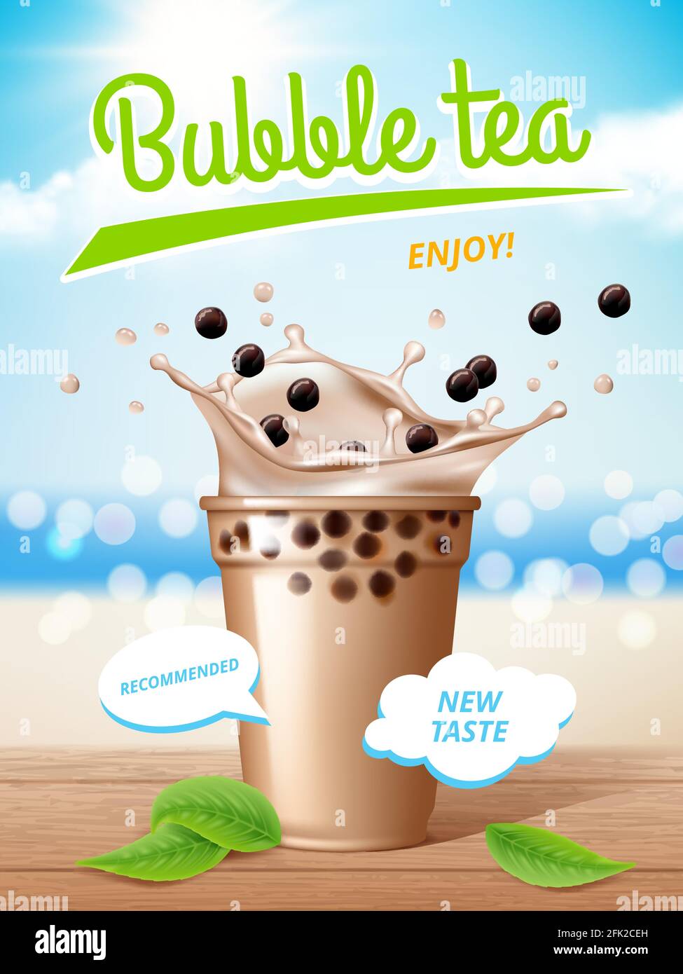 Bubble tea poster. Flowing milk delicious tapioca drinks with splashes ...