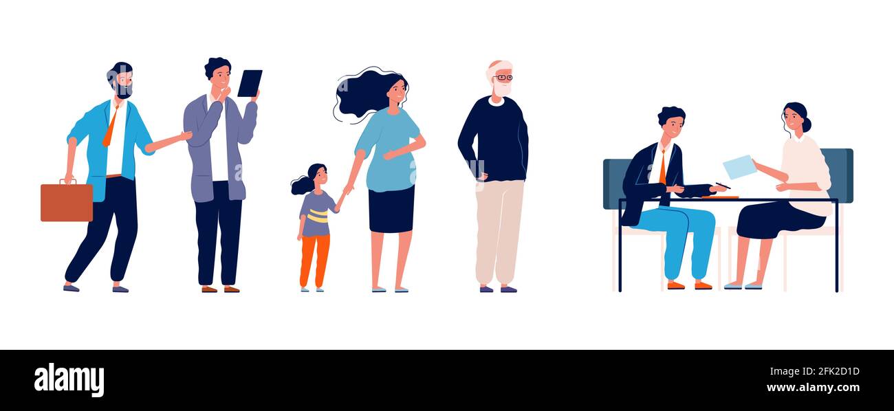 People in queue. Long wait reception. Adults, kids and elderly persons ...