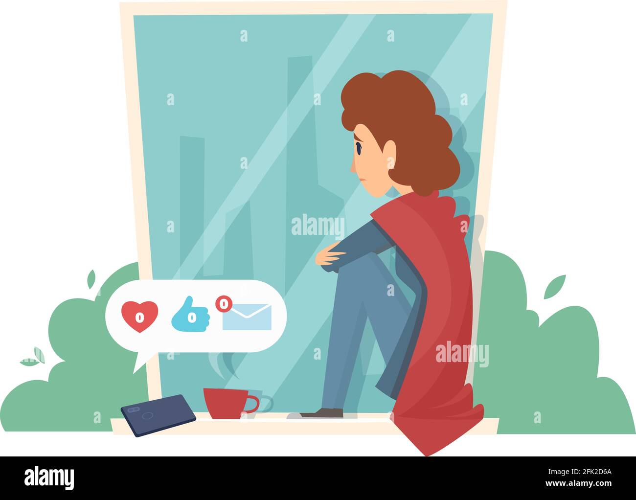 Sad woman on windowsill. Social media addiction, no messages ...