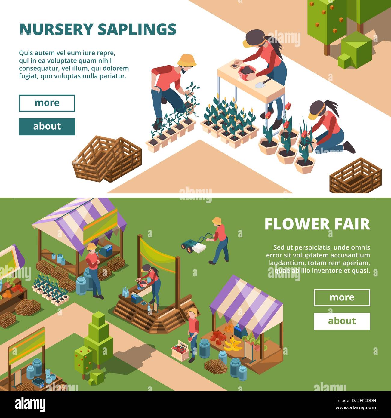Local markets isometric. Farmers and gardeners outdoor selling ...