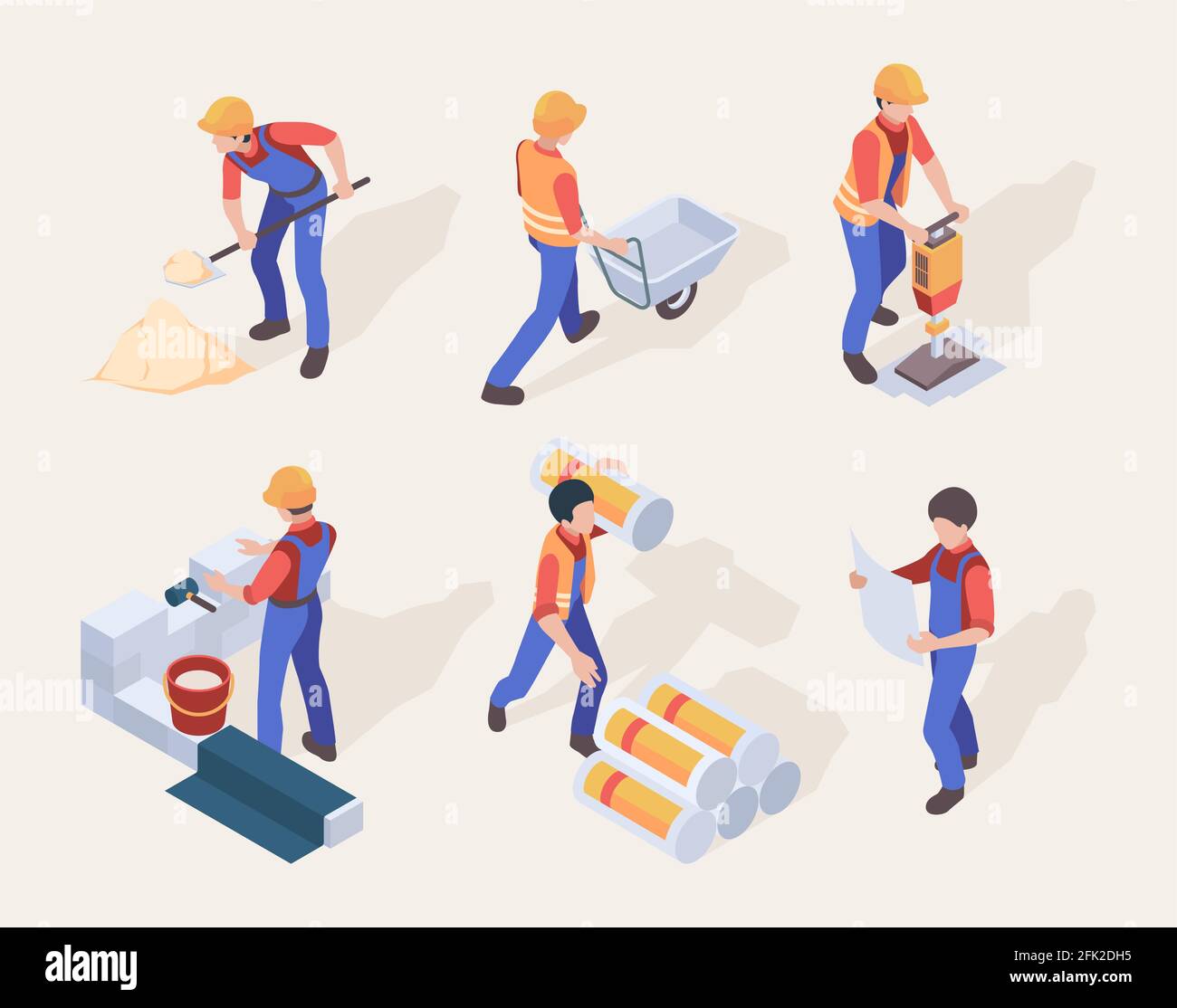 Workers isometric. Builders in uniform different construction machines ...