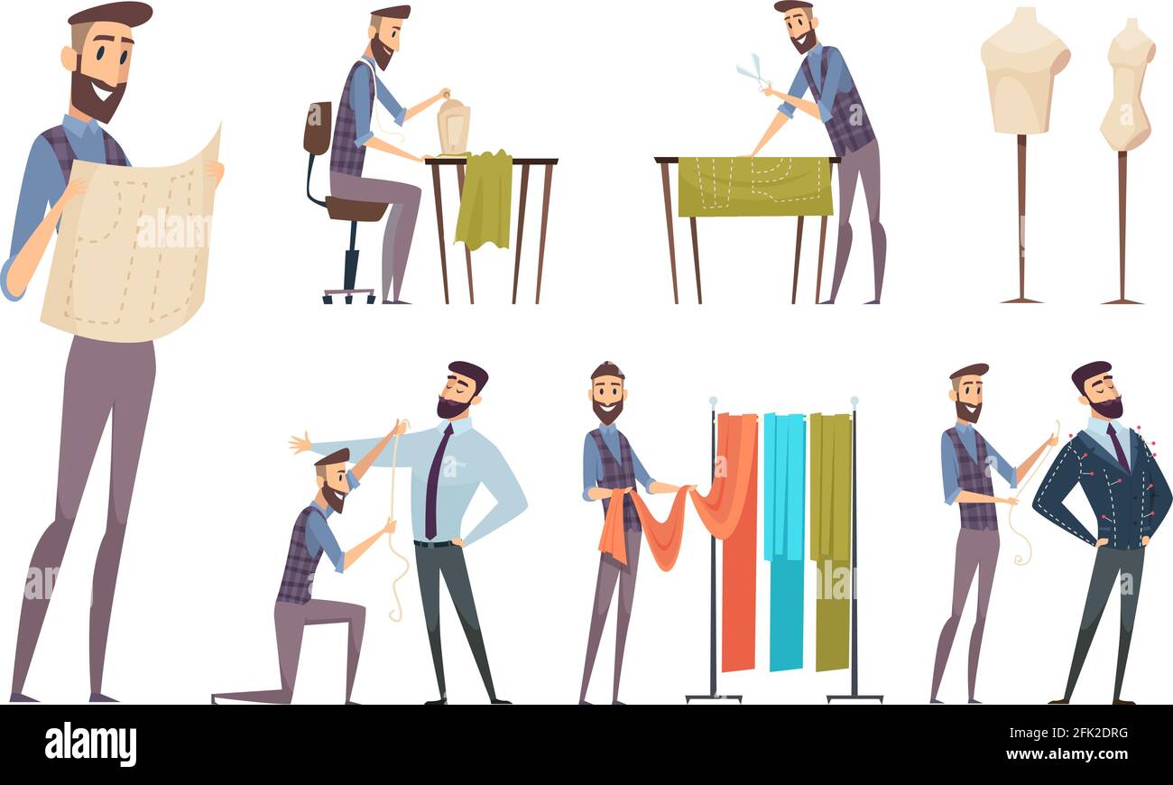 Tailor working. Sewing atelier master dressmaker characters vector ...