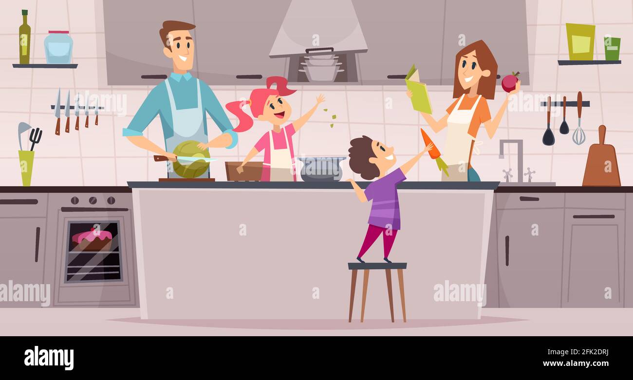 Family kitchen. Kids boys and girls helping preparing food to their ...