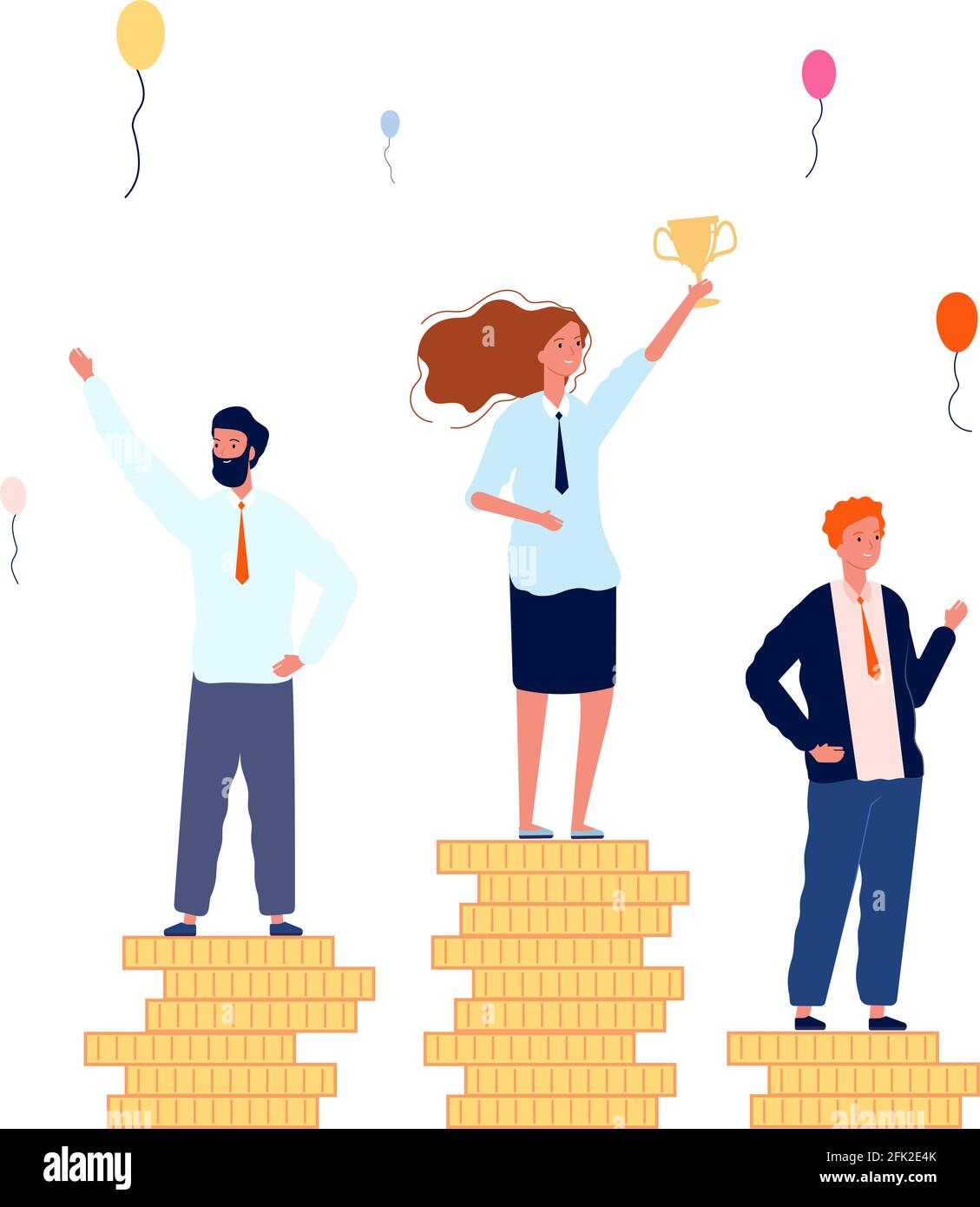 Winner ranking. Businessmen on money pedestals. Woman with golden ...