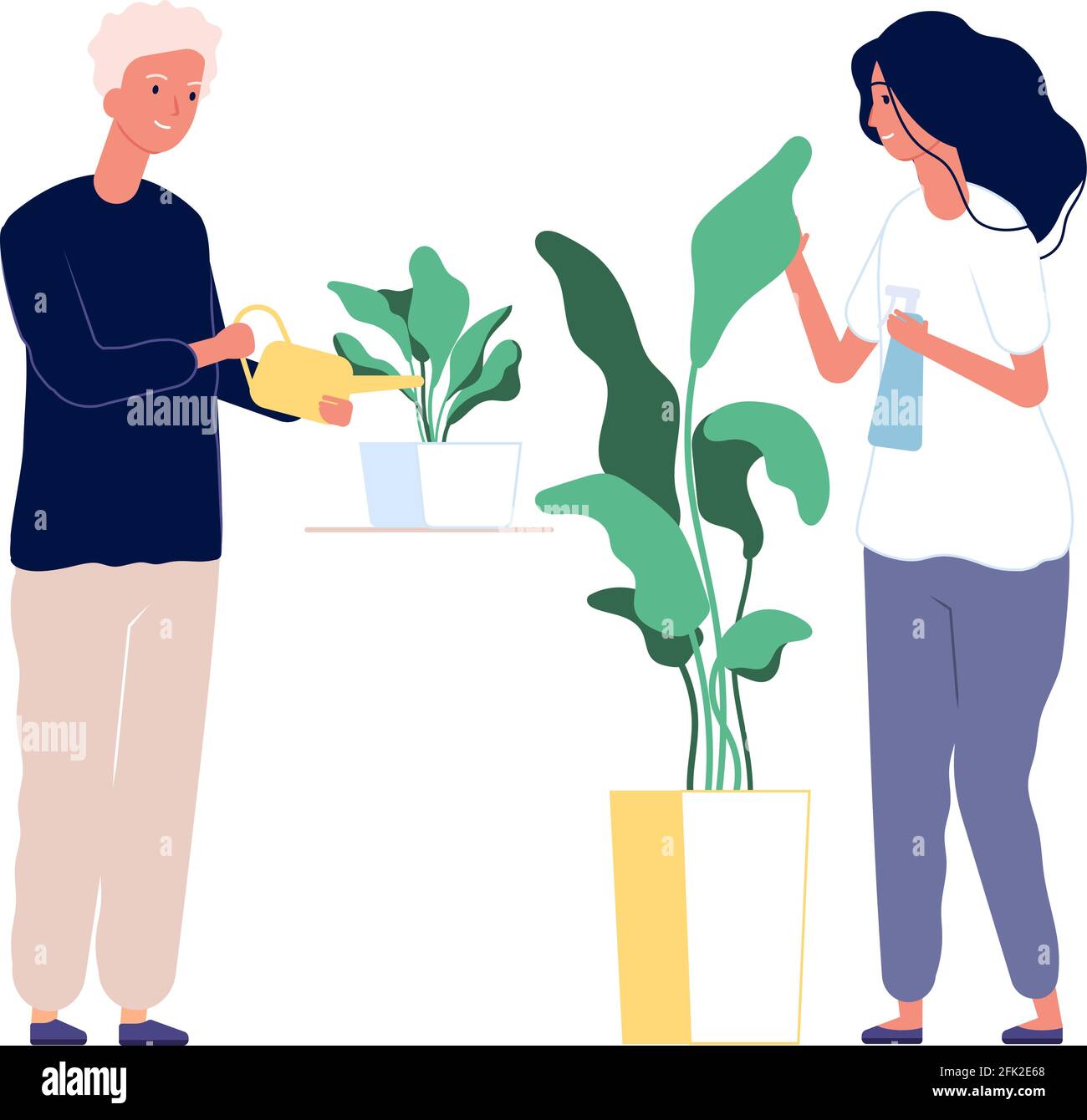 Home garden. Man woman caring plants. Green house, trees in pots ...